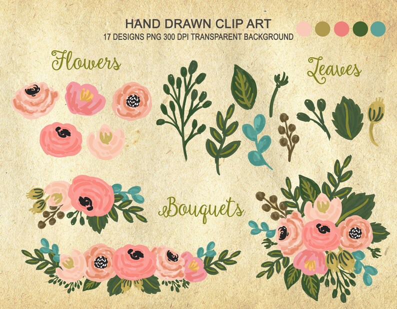 Flowers Clipart, Hand Painted Floral Clip Art, Bouquet Clipart, Digital ...