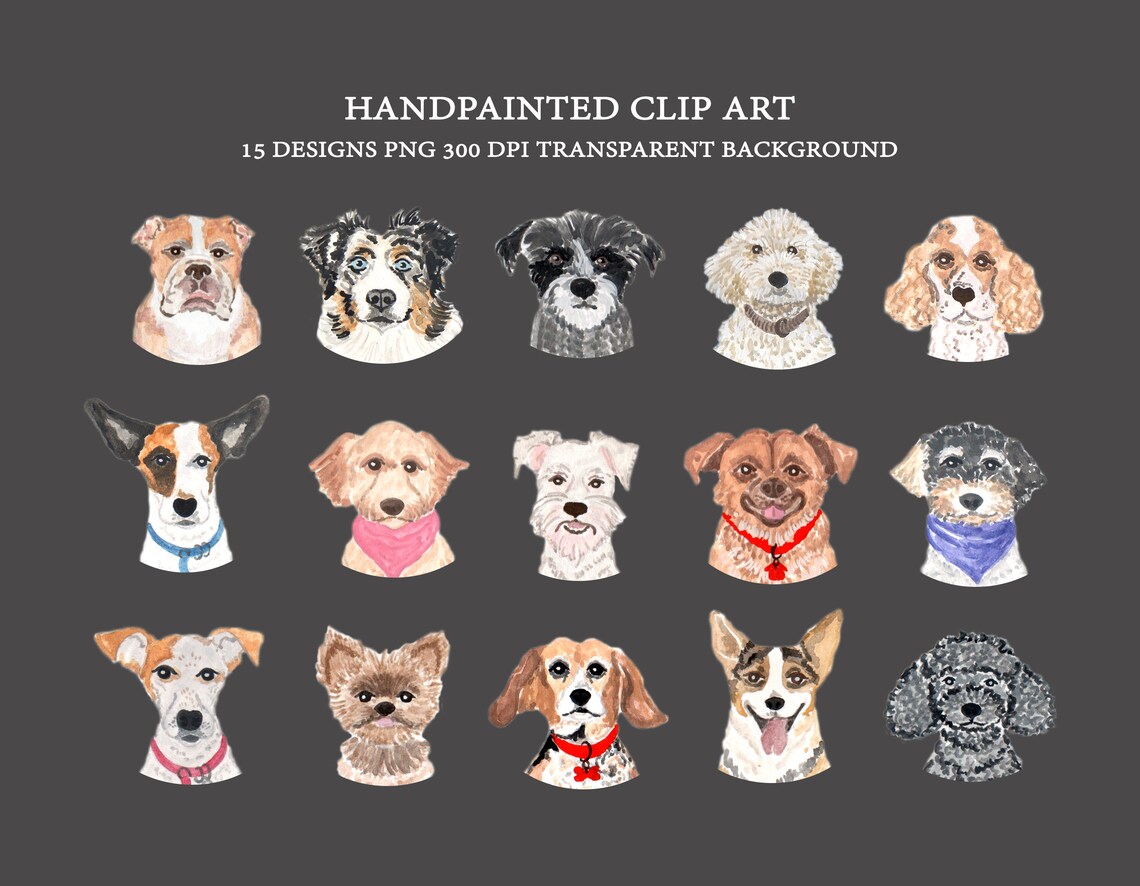 Dog Faces Clip Art, Dog Breeds Clipart, Watercolor Hand Painted Cute ...