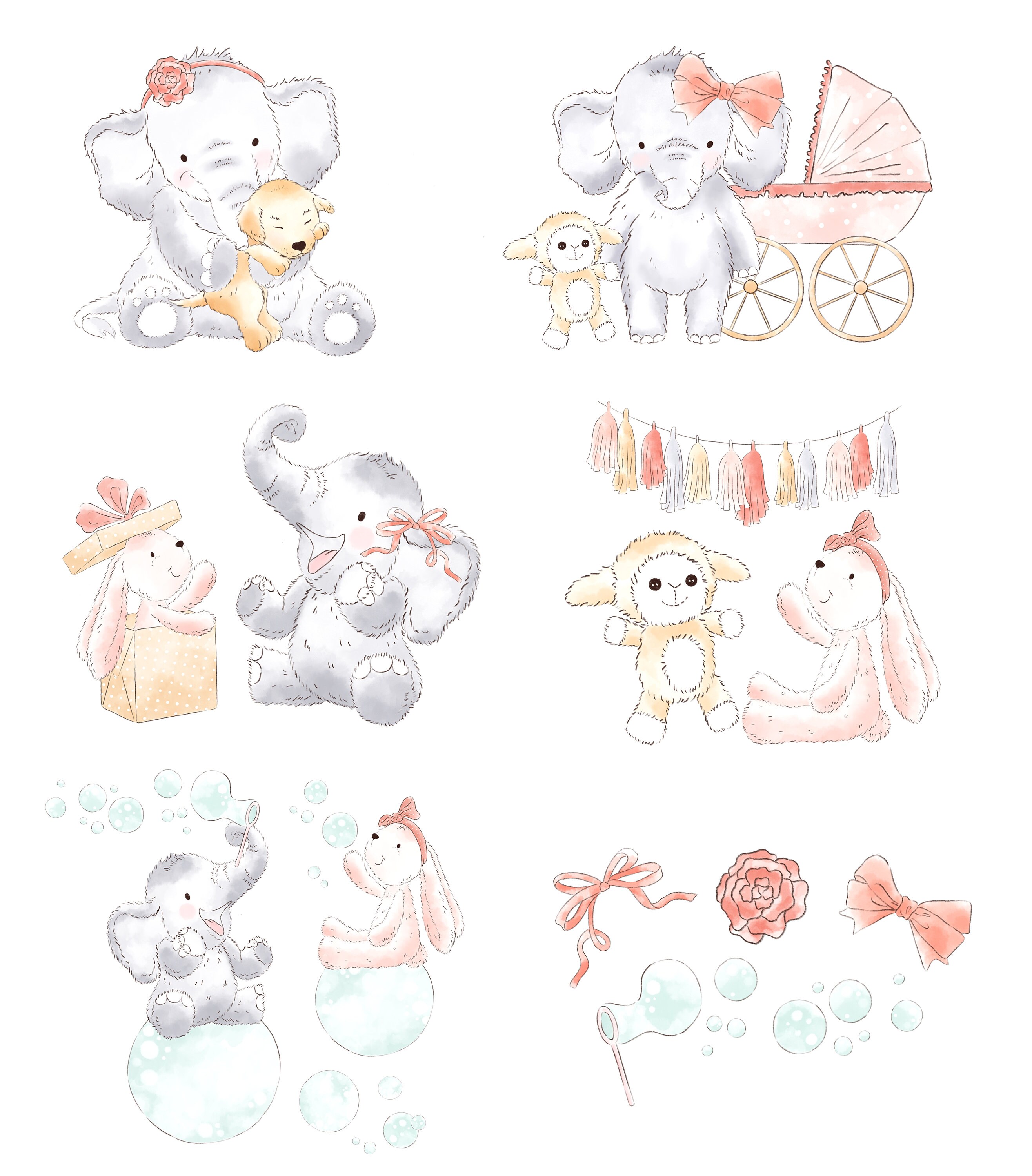 Girl Elephant Watercolor Clipart Baby Girl Little Animal Clip - Etsy