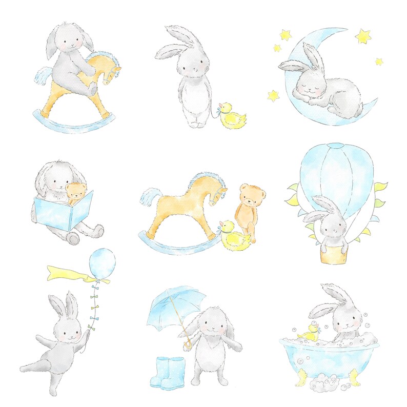 Cute Little Bunny Boy Watercolor Clipart, Boy Nursery Clip Art, Rabbit ...