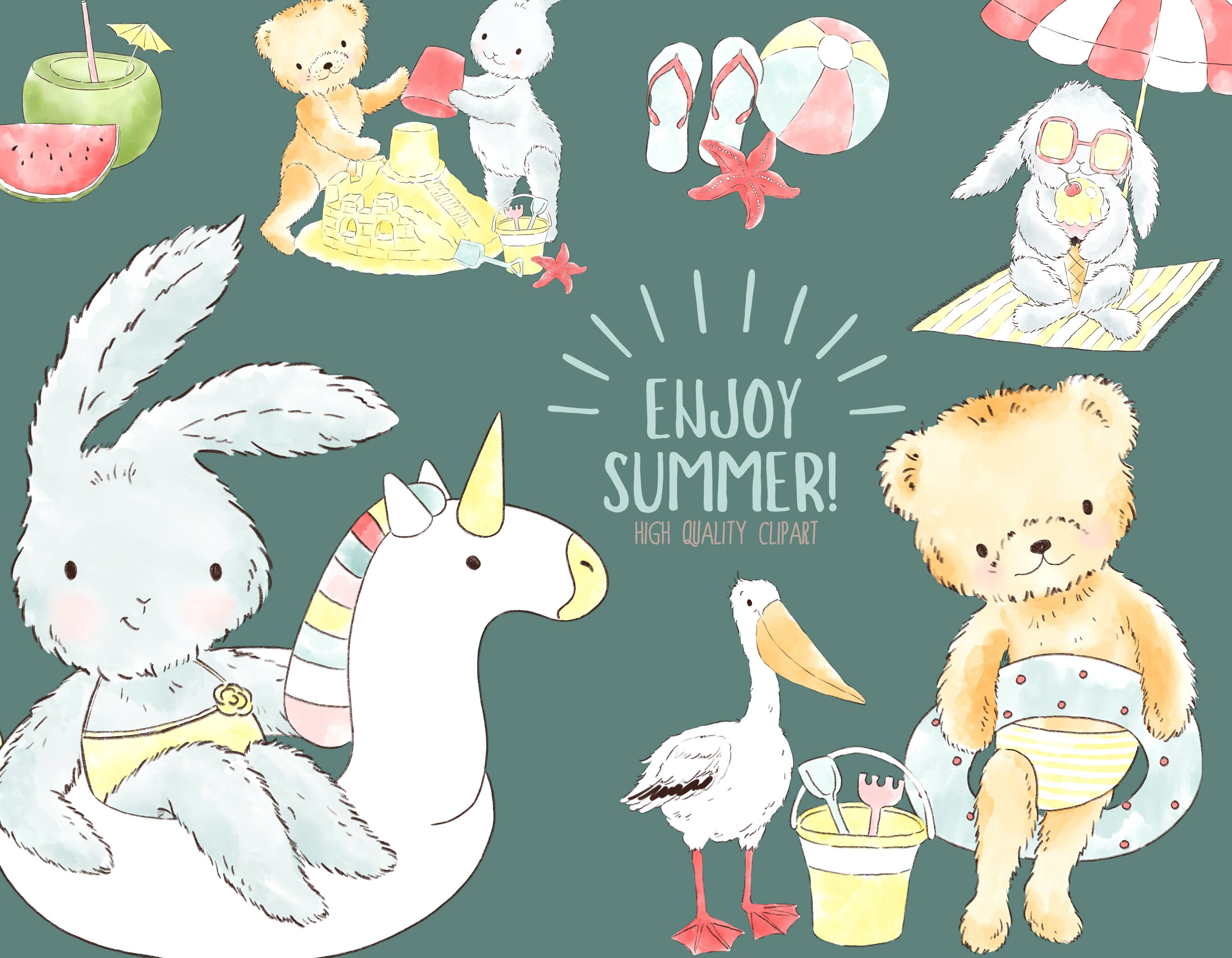 Summer Beach Pool Little Animals Watercolor Clipart Pool Party - Etsy