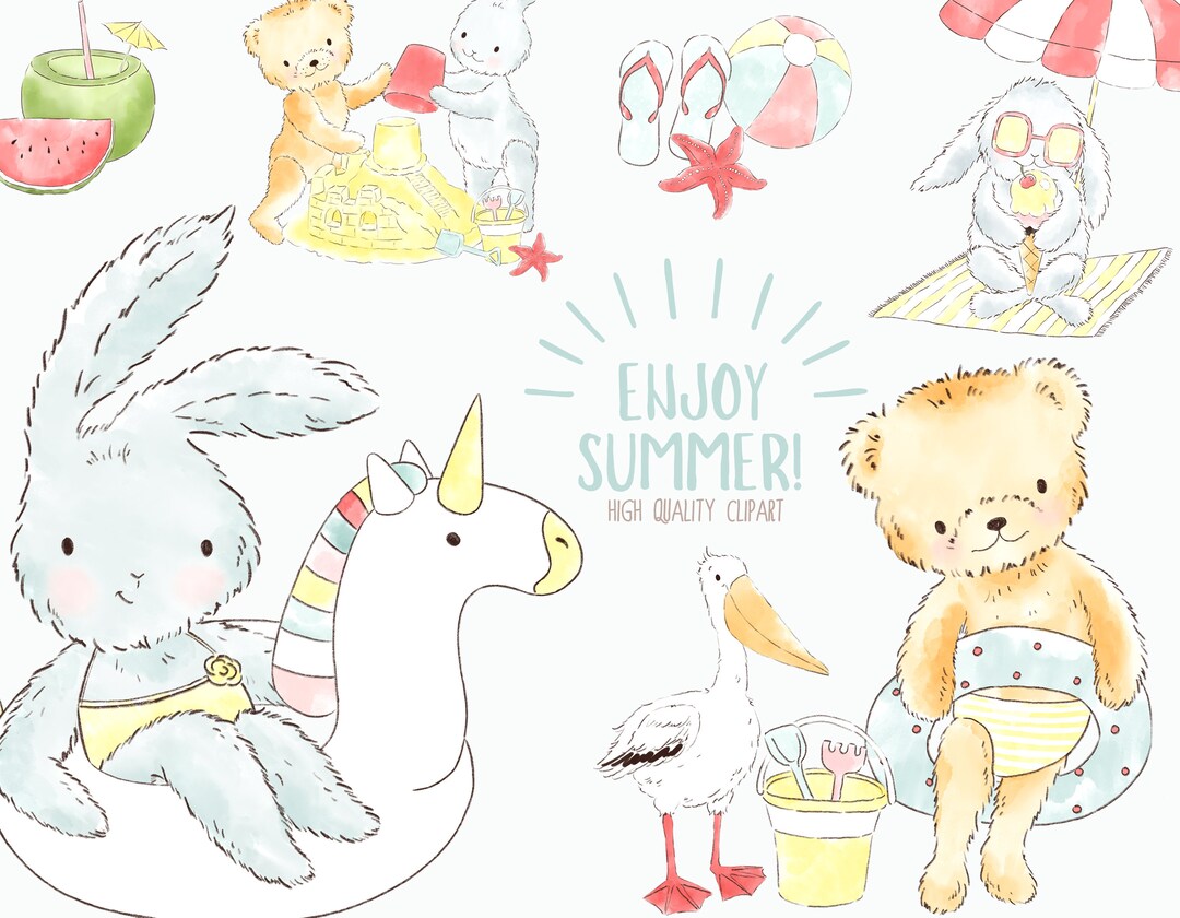 Summer Beach Pool Little Animals Watercolor Clipart Pool Party ...
