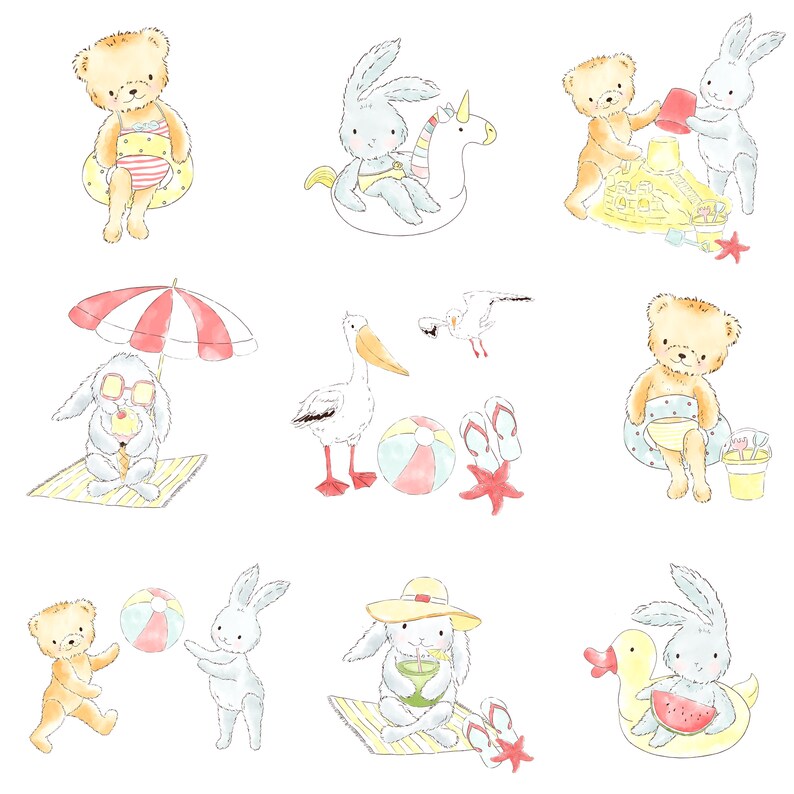 Summer Beach Pool Little Animals Watercolor Clipart Pool Party - Etsy