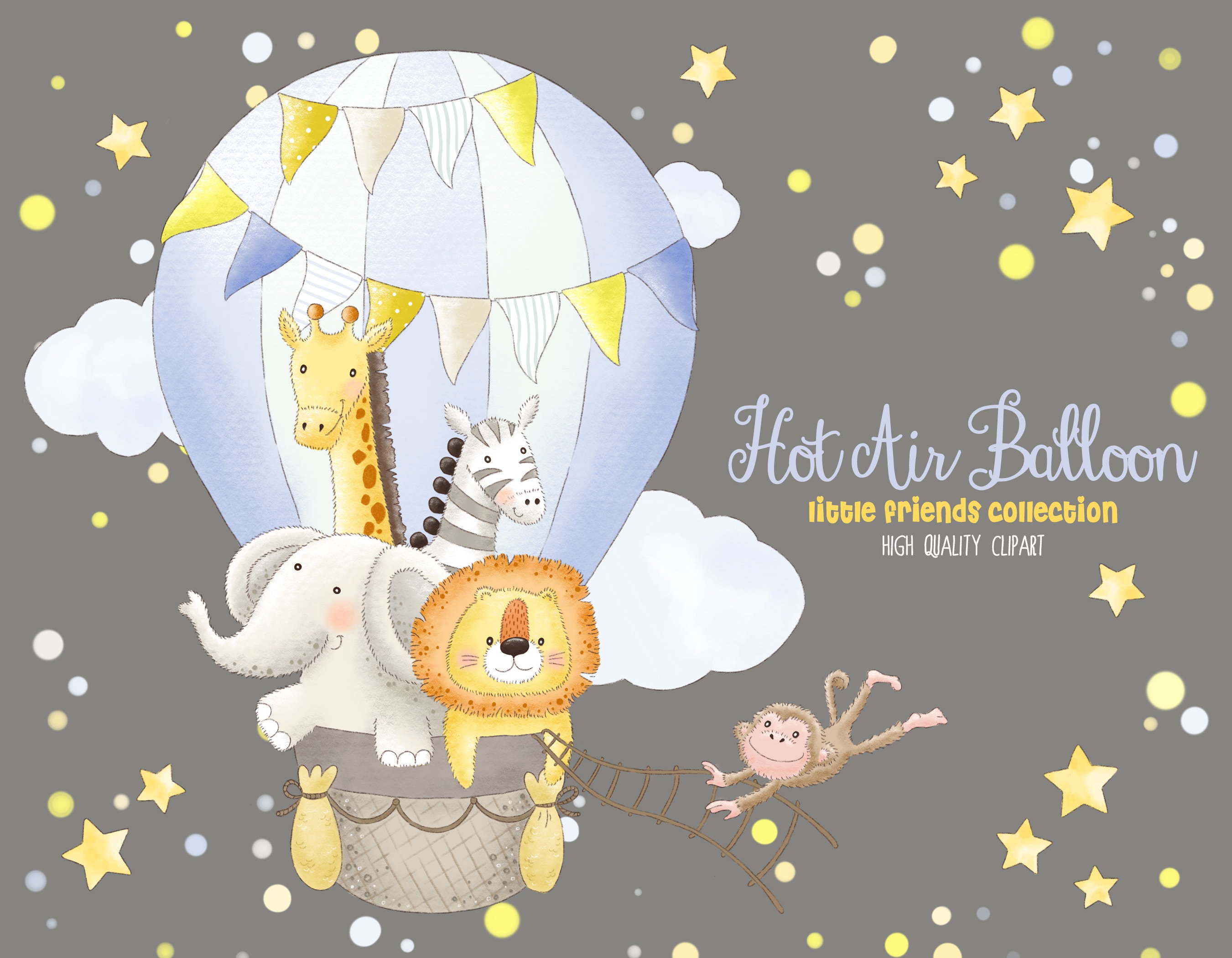 Hot Air Balloon Animals Watercolor Clipart Hot Air Balloon - Etsy