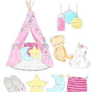 Slumber Party Watercolor Clipart, Sleepover Canopy Party Graphic ...