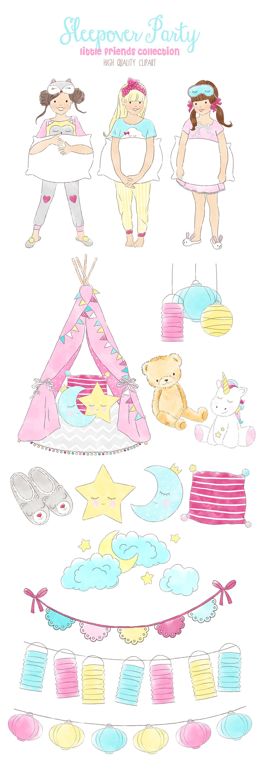 Slumber Party Watercolor Clipart, Sleepover Canopy Party Graphic ...