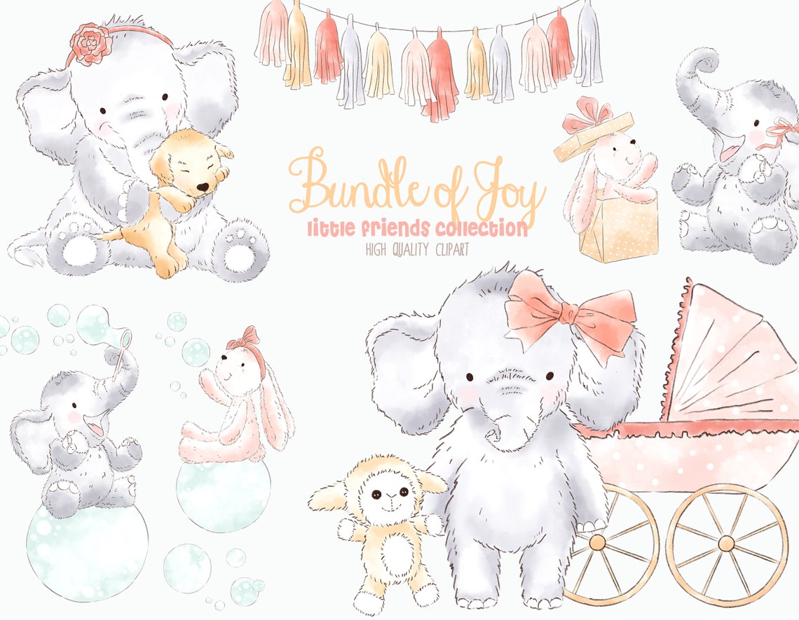 Girl Elephant Watercolor Clipart Baby Girl Little Animal Clip | Etsy