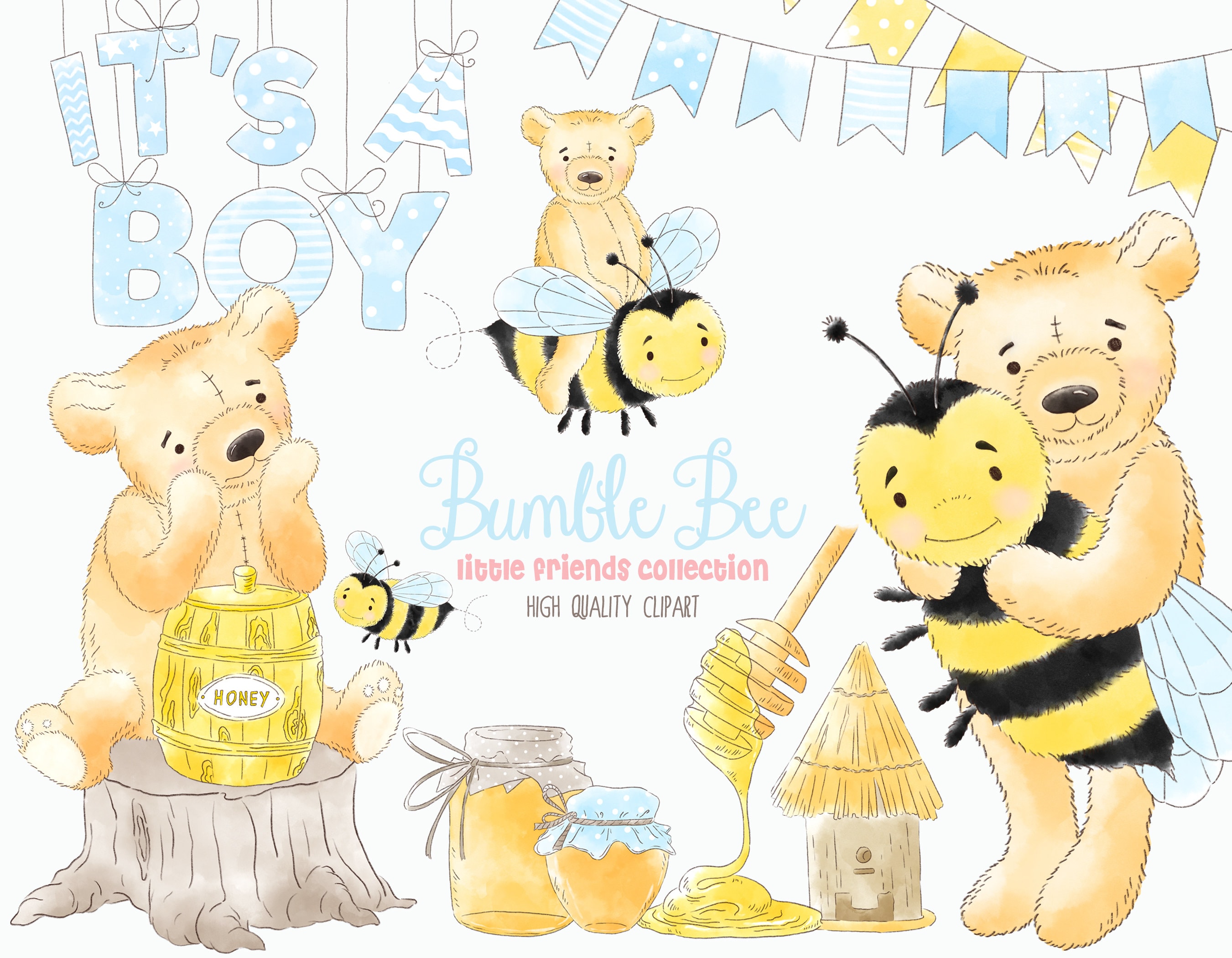 Bee Boy and Honey Watercolor Clipart Bee Baby Shower Bumble - Etsy
