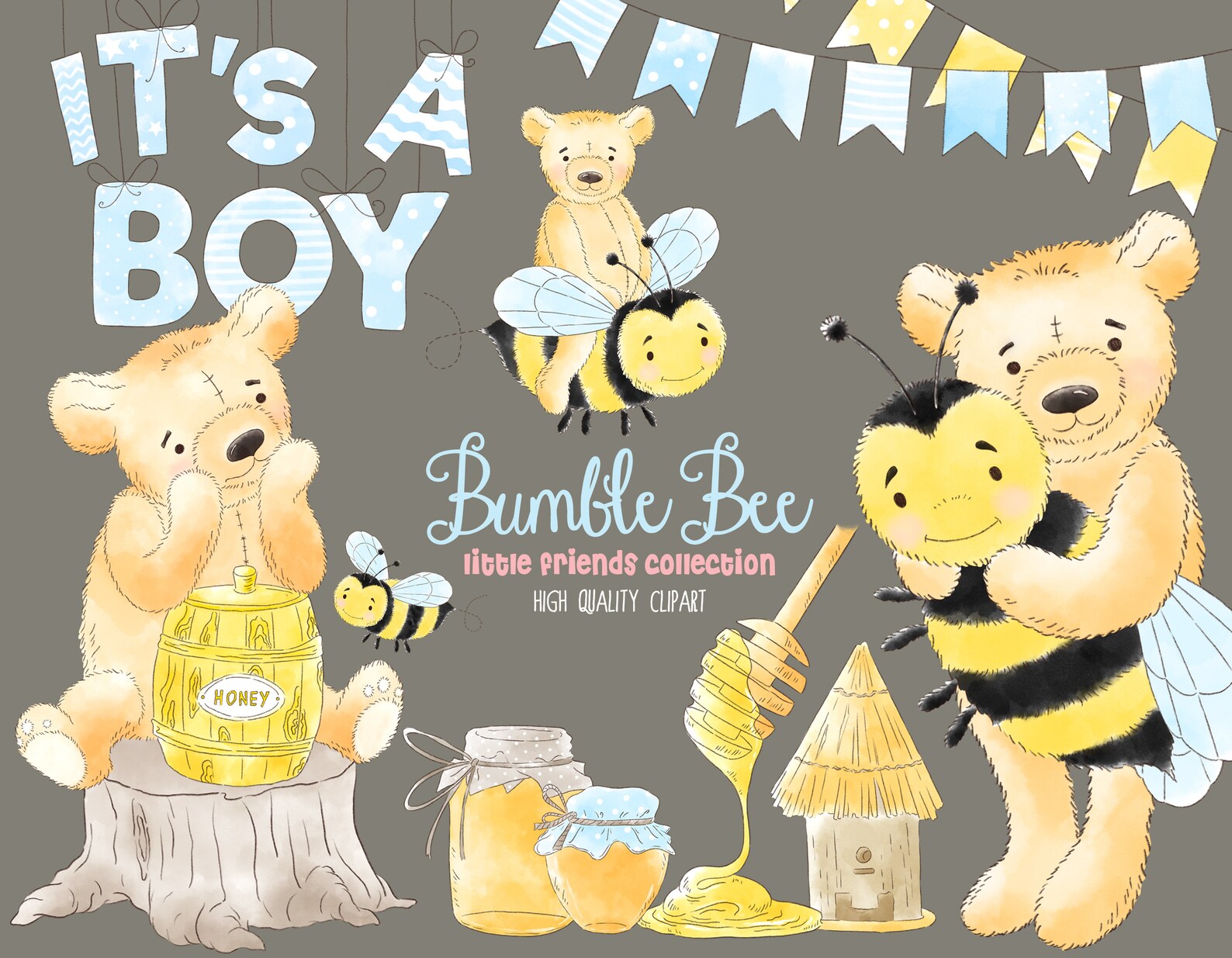 Bee Boy and Honey Watercolor Clipart, Bee Baby Shower, Bumble Bee, Pot ...