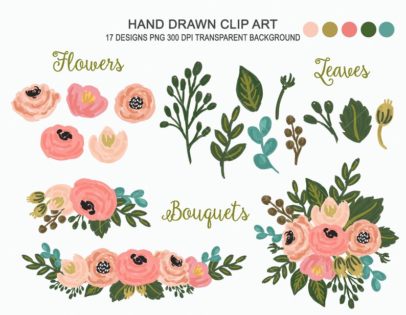 Flowers Clipart Hand Painted Floral Clip Art Bouquet - Etsy