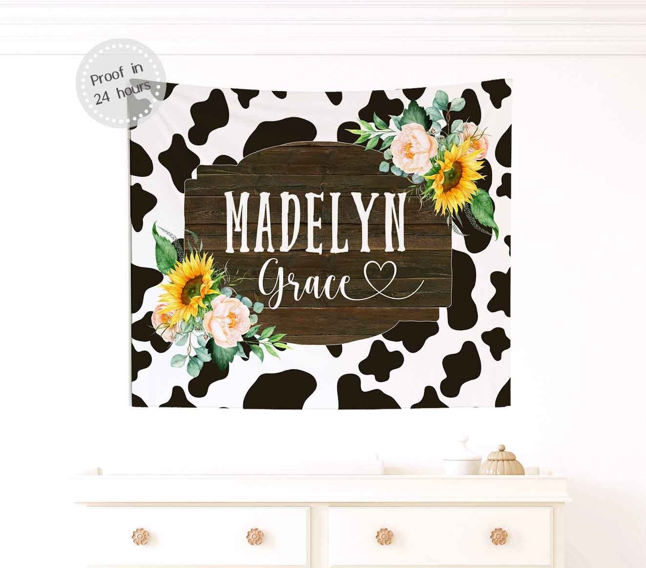 Cow Sunflower Nursery Wall Decor Cow Print Name Sign for - Etsy