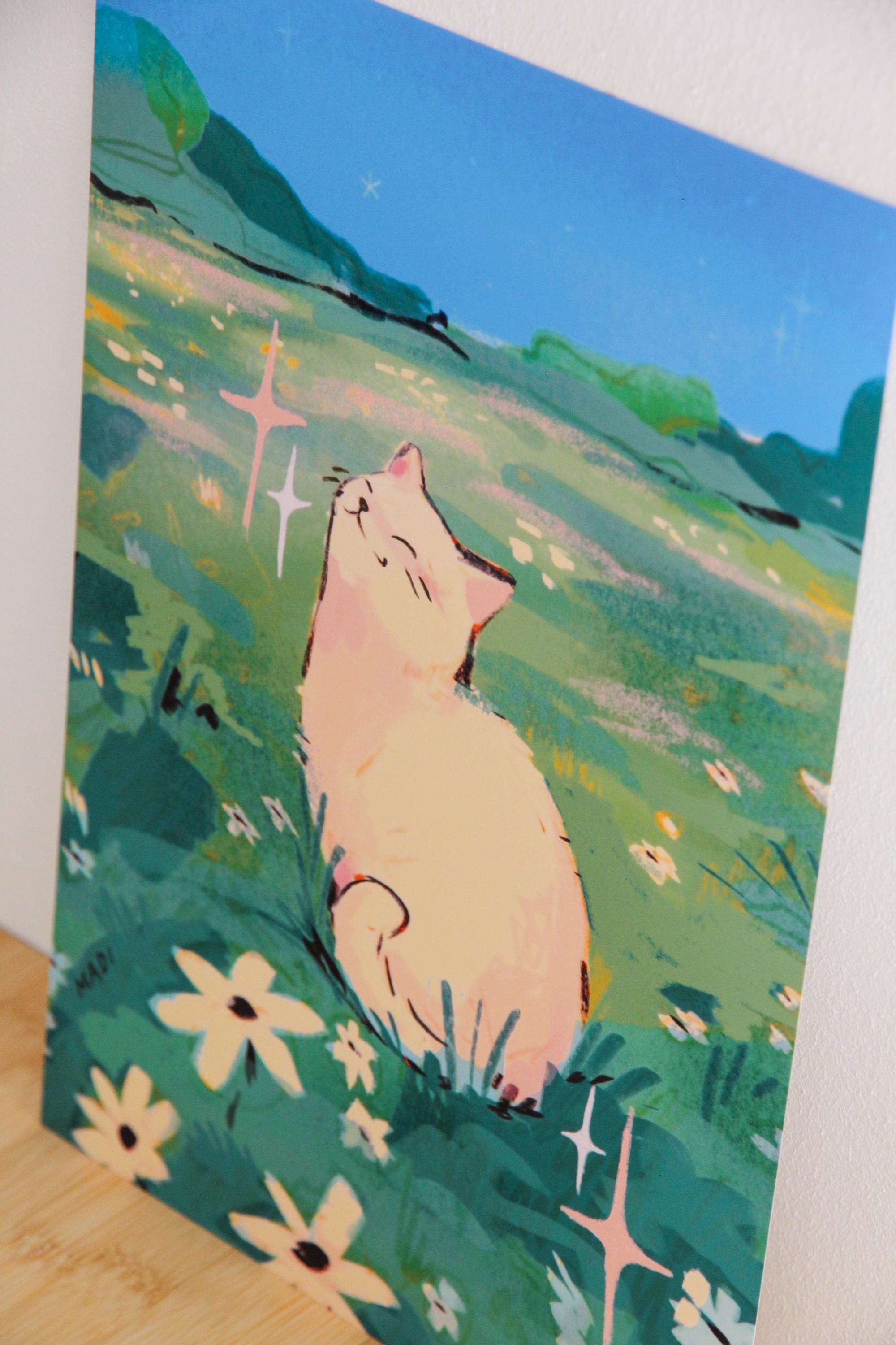 Happy Cat Drawing Landscape Print ~ A5 Cute Art Print ~ Animal Art ...