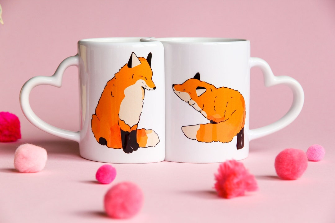 Two Kissing Foxis Partner Mugs Ceramic Mugs Couple Mugs Heart Handle - Etsy