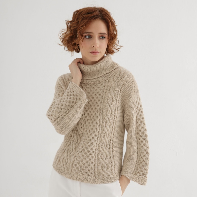 Cable Knit Turtleneck Sweater Pattern | Women's 3/4 Sleeve (PDF Pattern ...