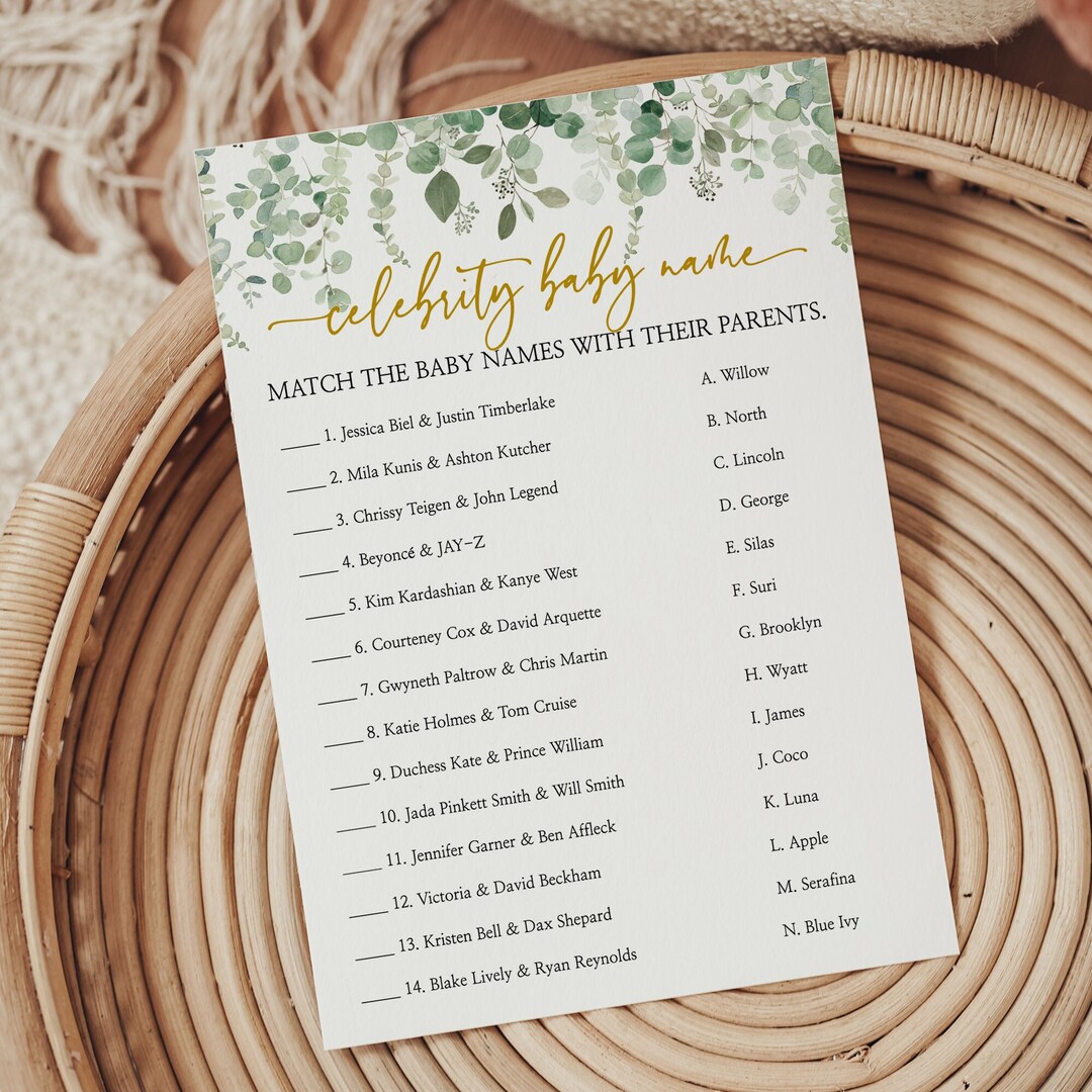 Celebrity Baby Name, Greenery Baby Shower Games, Printable Game ...