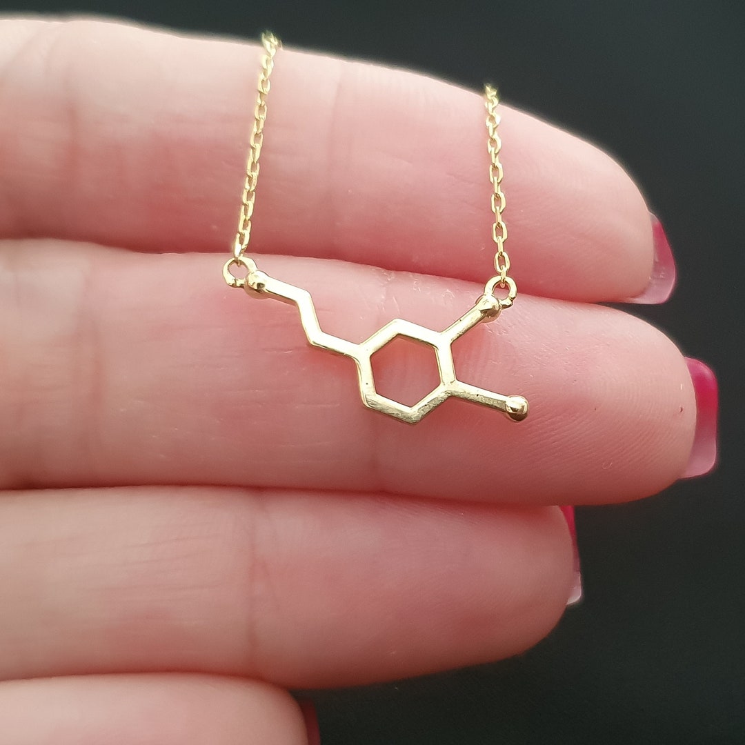 Solid Gold Dopamine Necklace, 10k 14k 18k Real Gold Dopamin Molecule Necklace, Dainty Science ...
