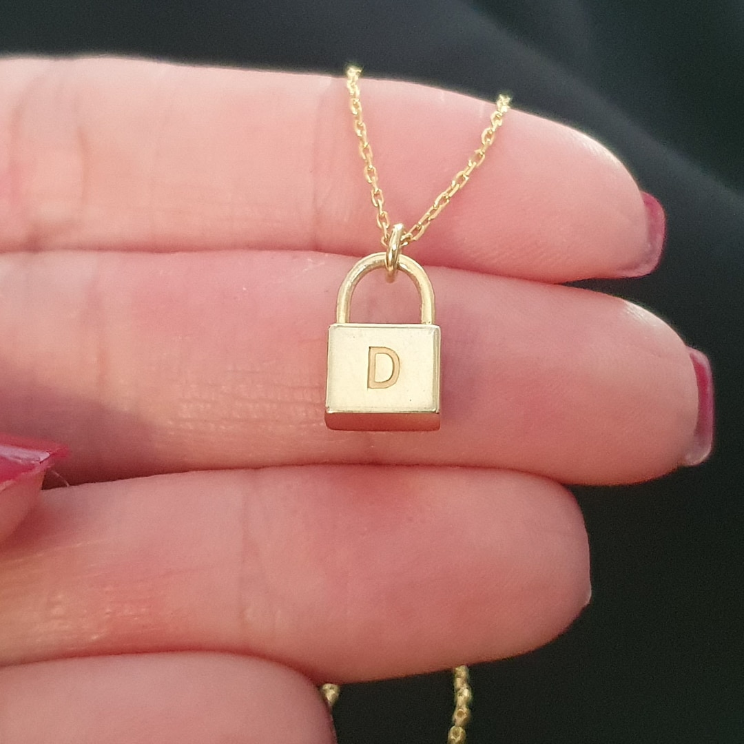 Solid Gold Initial Padlock Necklace, 10k 14k 18k Solid Gold Lock ...