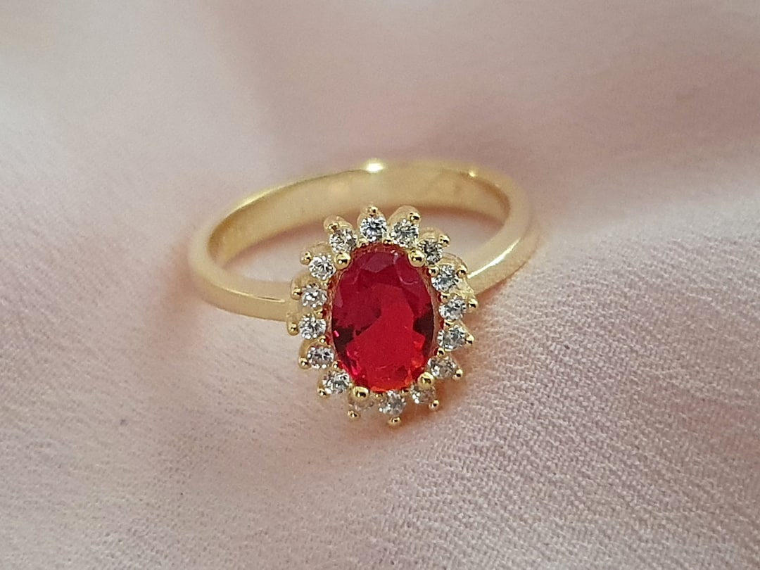 14k Solid Gold Ruby Oval Ring, Gold Halo Ring, Engagement Ring ...