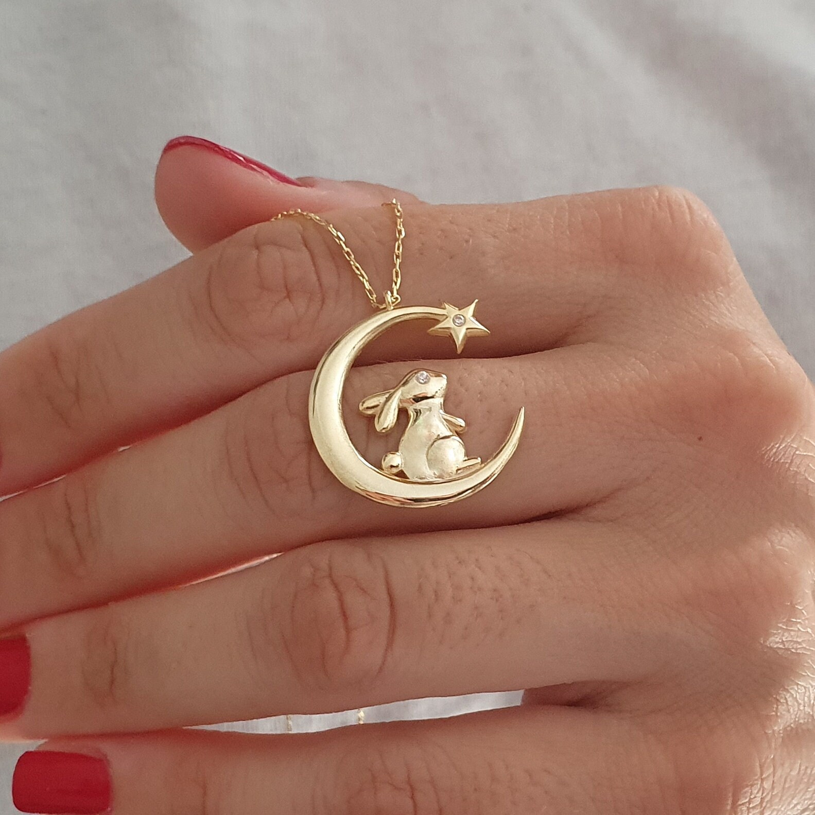 10k 14k 18k Solid Gold Rabbit Necklace Moon Necklace Bunny - Etsy