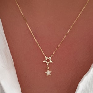 10k 14k 18k Solid Gold Star Necklace, Star Gold Pendant, Double Star ...