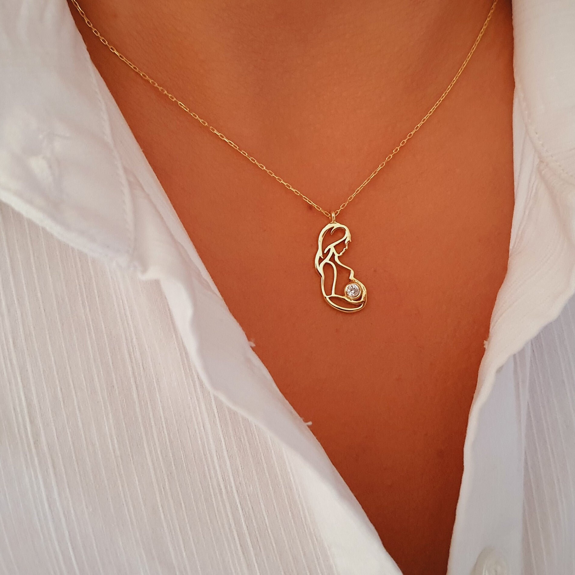 14k Solid Gold Pregnant Mother Necklace Pregnancy Gold | Etsy UK