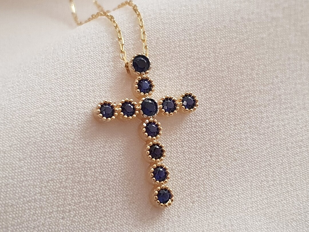 Solid Gold Sapphire Cross Necklace, 10k 14k 18k Gold Cross Pendant ...