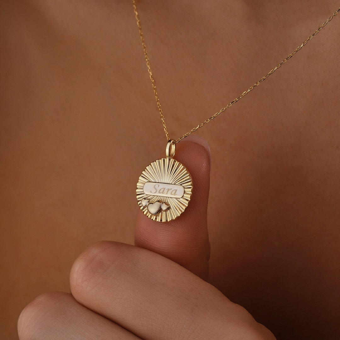 Solid Gold Coin Medallion Necklace, Personalized Name Disc Necklace ...