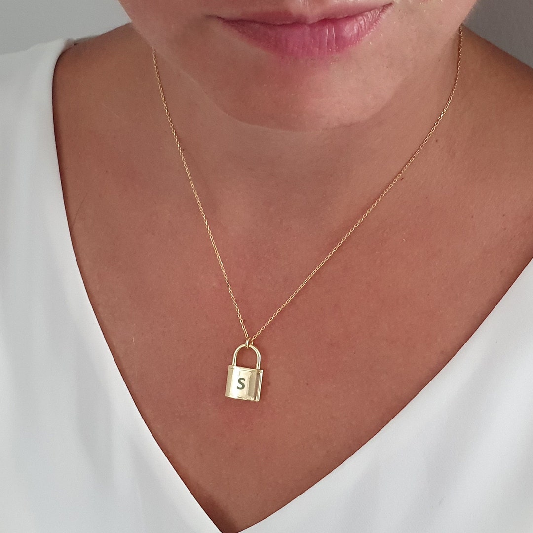 10k 14k 18k Solid Gold Initial Padlock Necklace, Gold Lock Pendant ...
