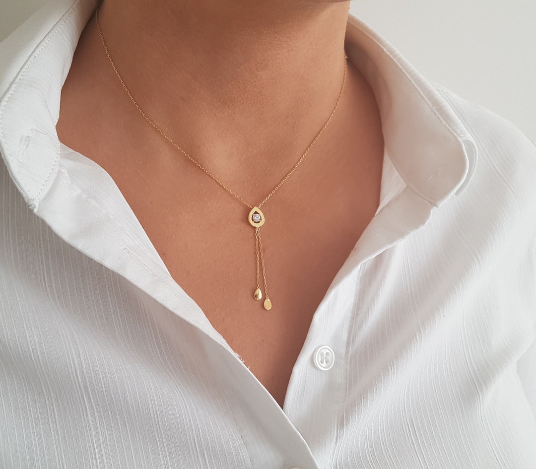 14 K Solid Gold Drop Necklace,real Gold Zircon Drop Pendant, Birthday ...