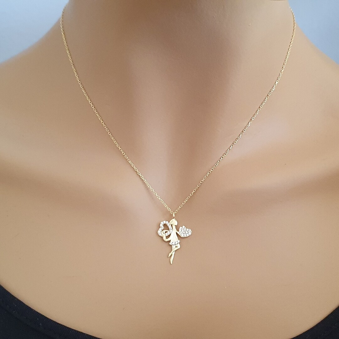 10k 14k 18k Solid Gold Angel Necklace, Angel Heart Pendant, Angel Love ...
