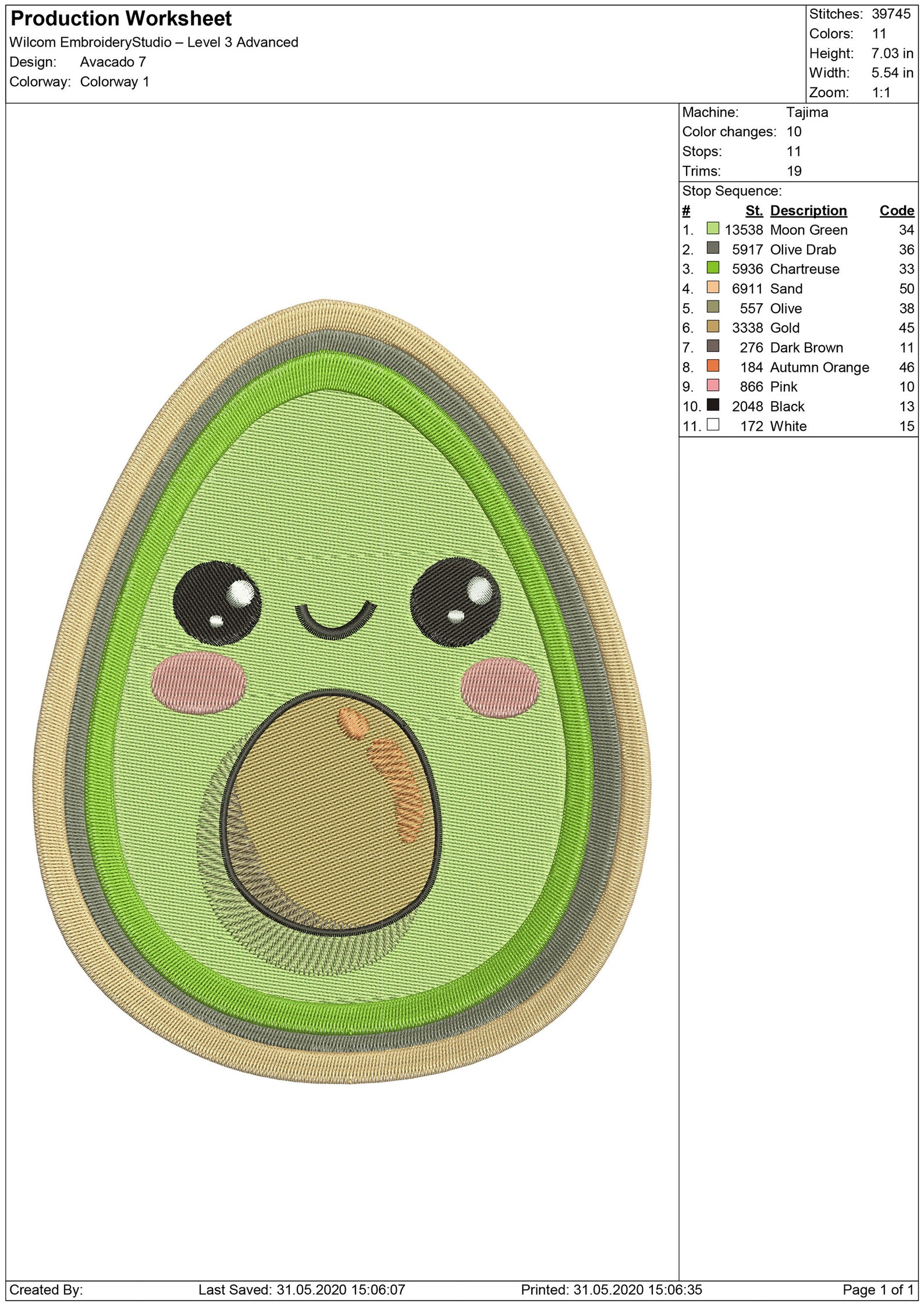 Kawaii Avocado Embroidery Design Files. Sizes 3" 4" 5" and 7". Multiple ...