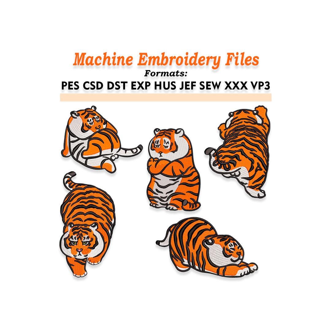 Stack of Fat Tigers Embroidery Design Files. Sizes 3", 4", 5", 6", 7 ...
