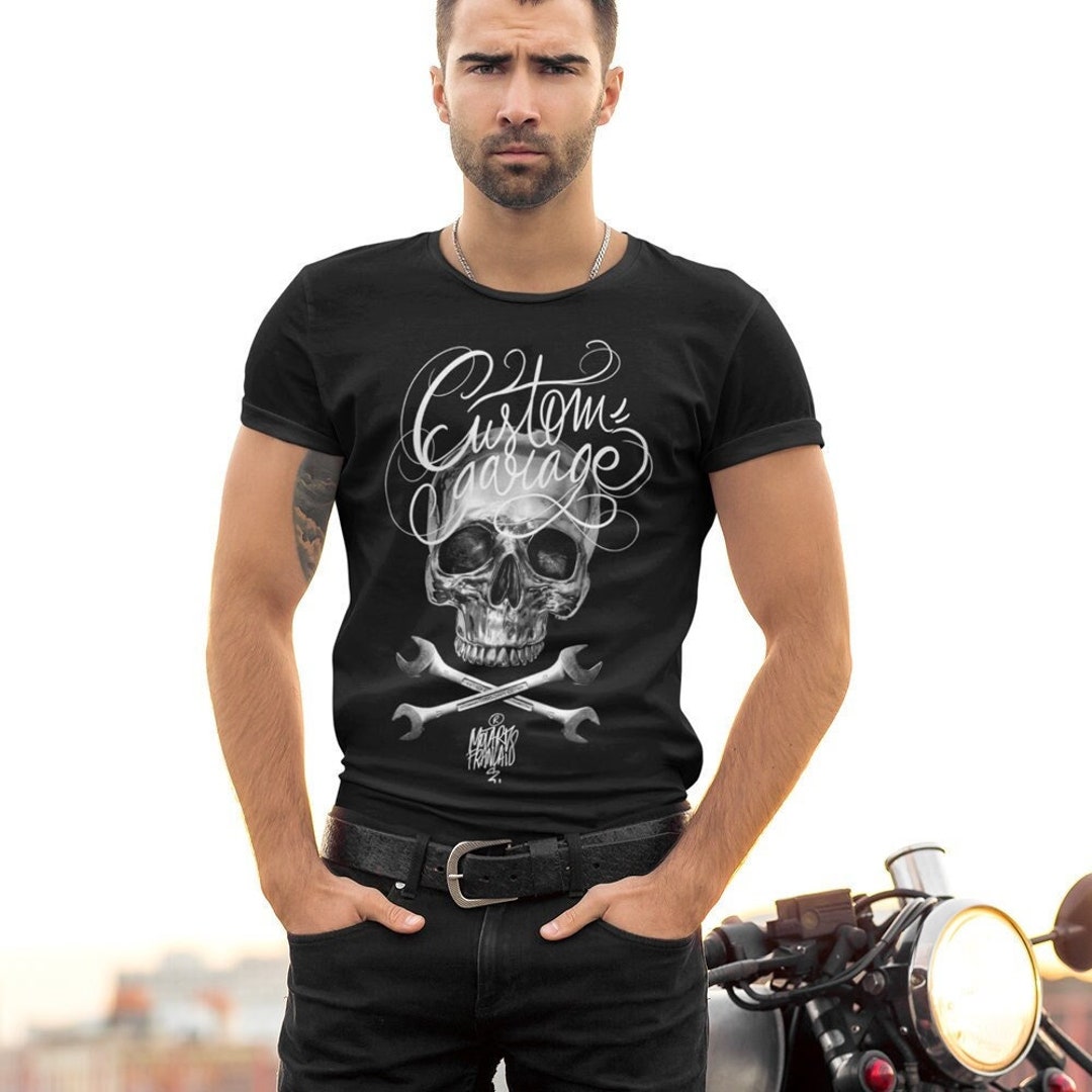 Motorcycle T-shirt Biker Skull Custom Garage Biker Gift Idea 100% ...