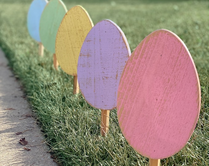 Set of 5 Easter Egg Yard Stakes, Farmhouse Easter, Yard Art, Easter ...