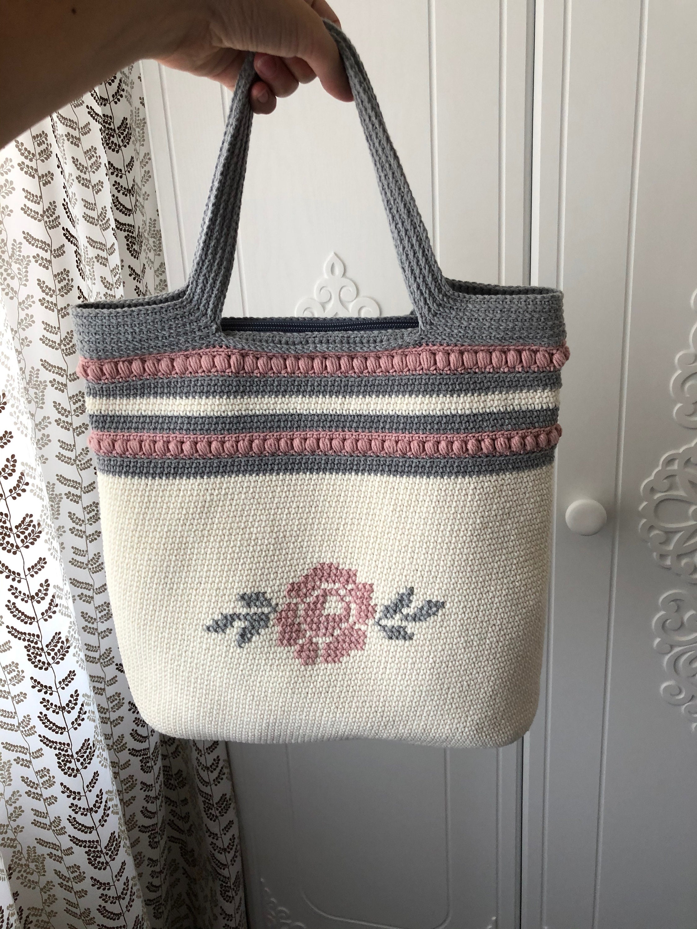 Handmade Milk Color Crochet Handbag With Rose Cross Stitch and - Etsy