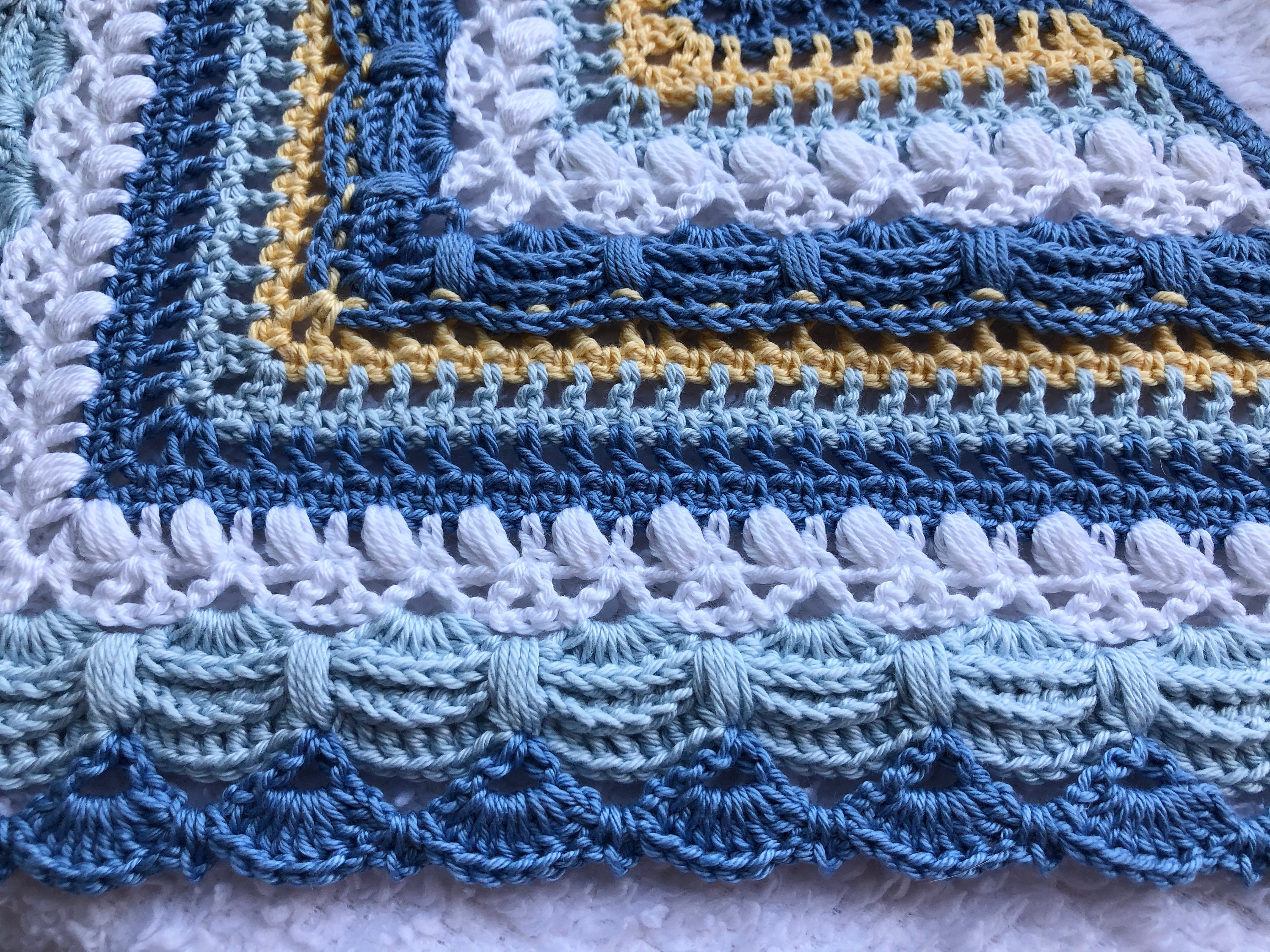 Crochet lace striped blue white yellow hair bandana with shell | Etsy