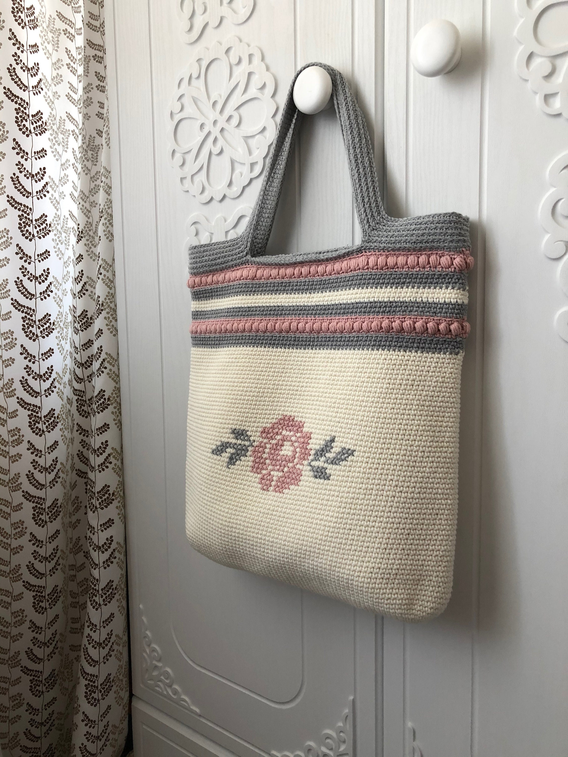 Handmade Milk Color Crochet Handbag With Rose Cross Stitch and - Etsy