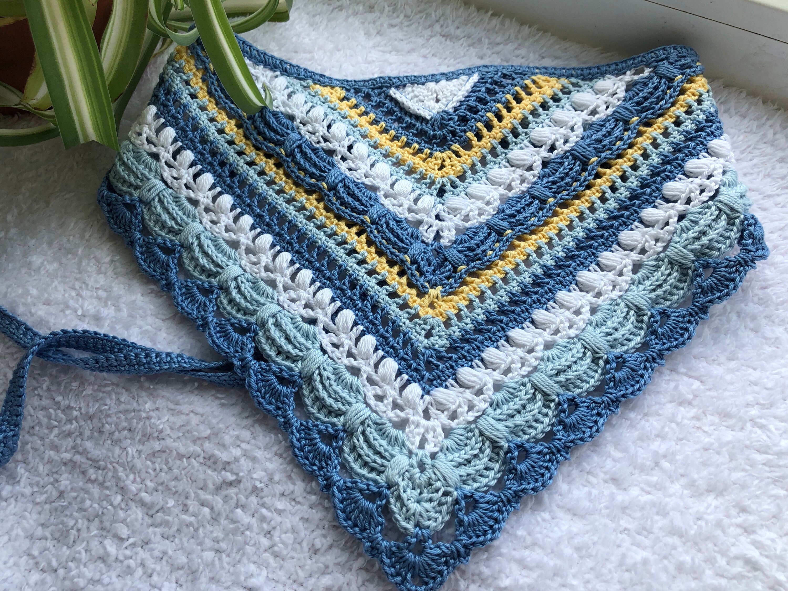 Crochet lace striped blue white yellow hair bandana with shell | Etsy