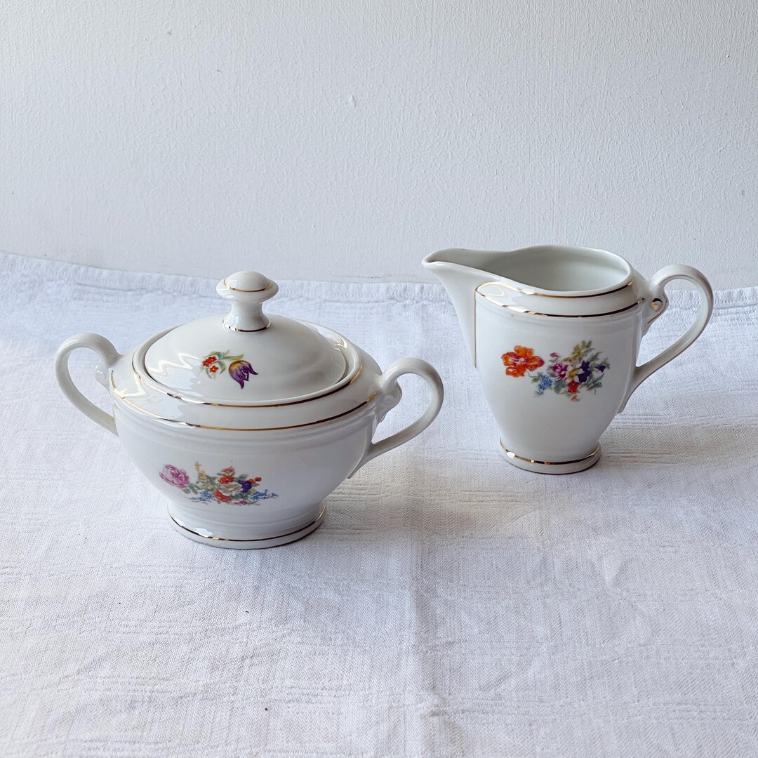 Sugar and Creamer Set, Vintage Triptis Porcelain: 1950s German Floral ...