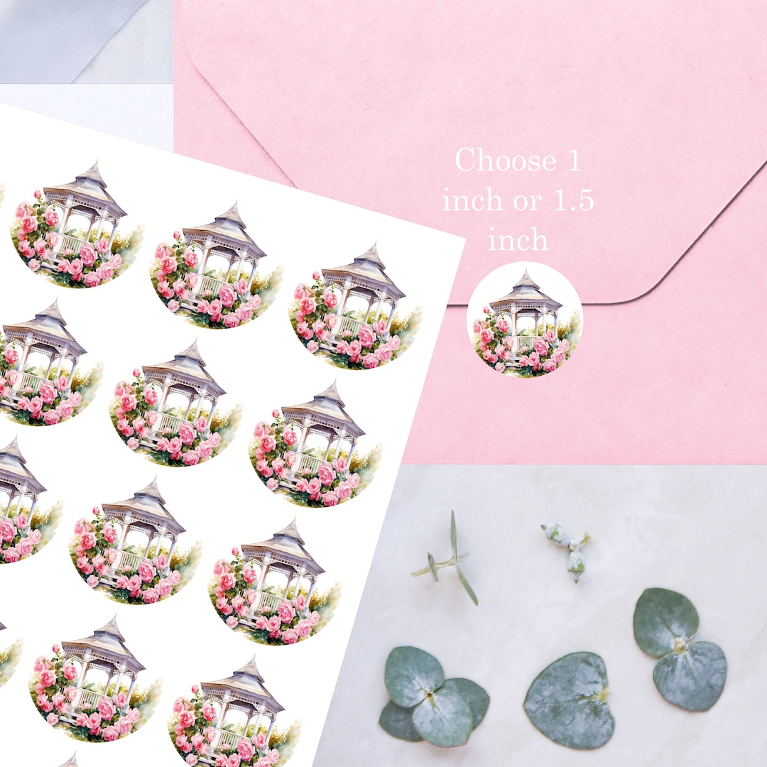 Gazebo Round Stickers/envelope Seals/flower Seals/pink Rose Stickers ...