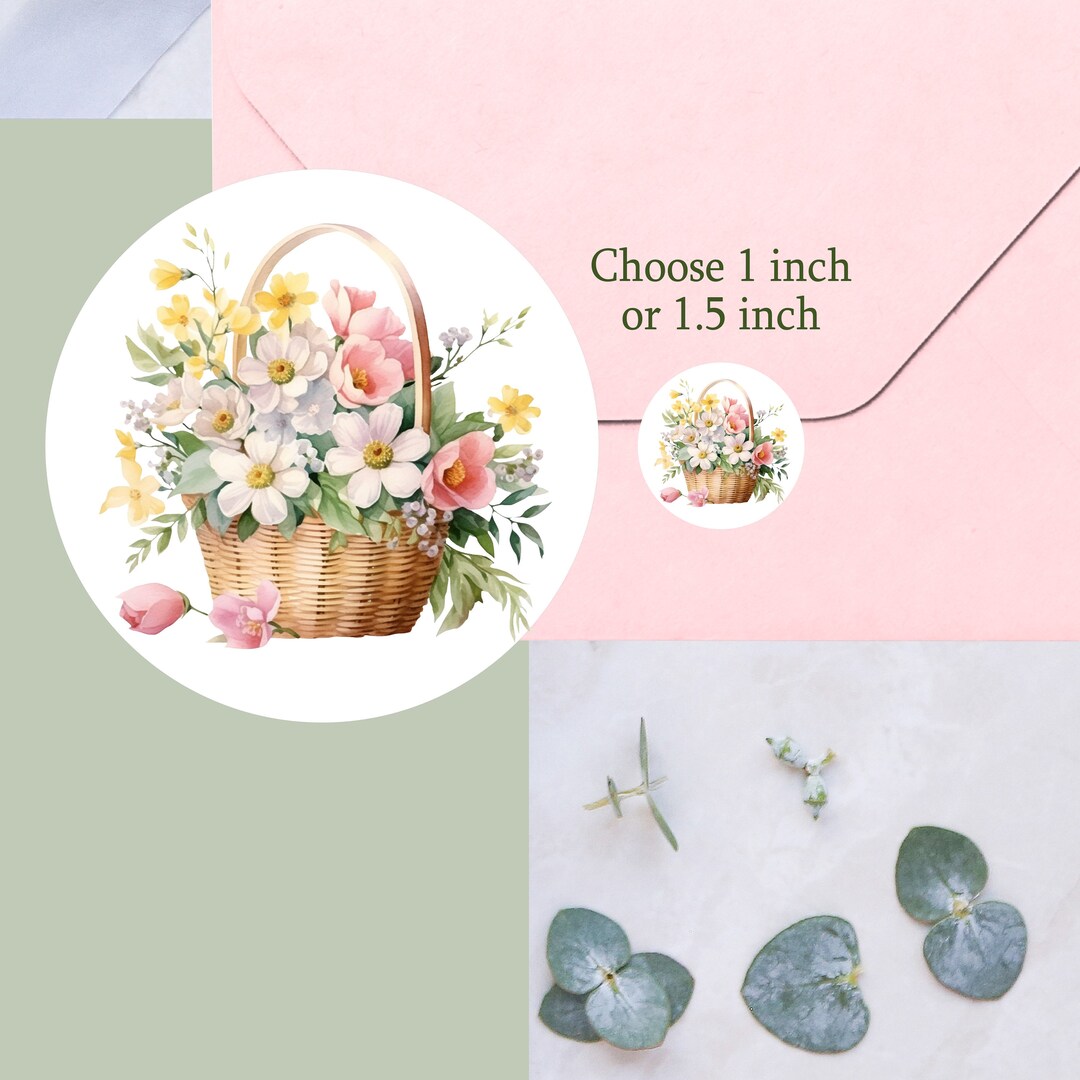 Basket of Flowers Round Stickers/floral Stickers/floral Envelope ...