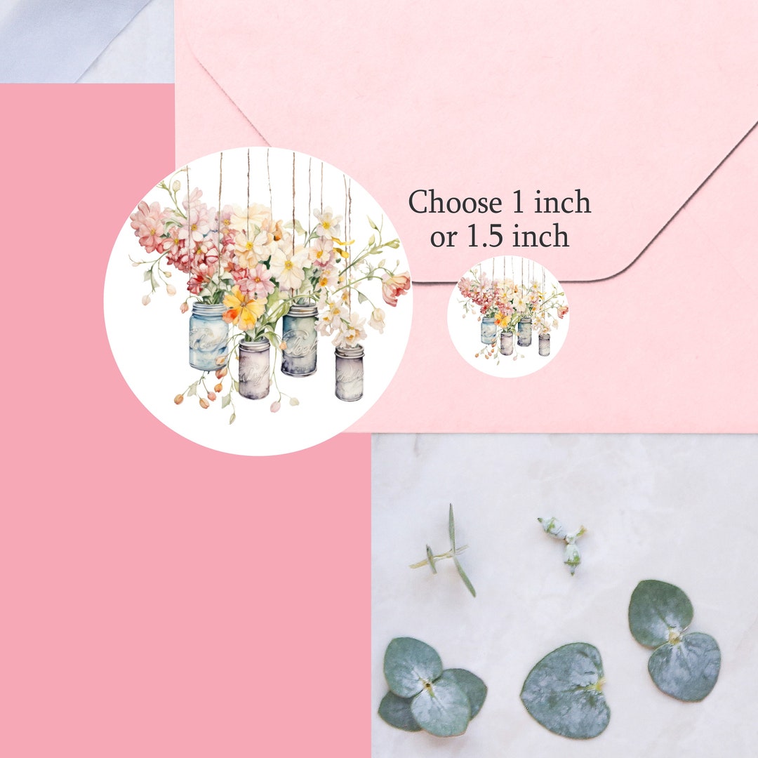 Jars of Flowers Round Stickers/floral Envelope Stickers/envelope Seals ...