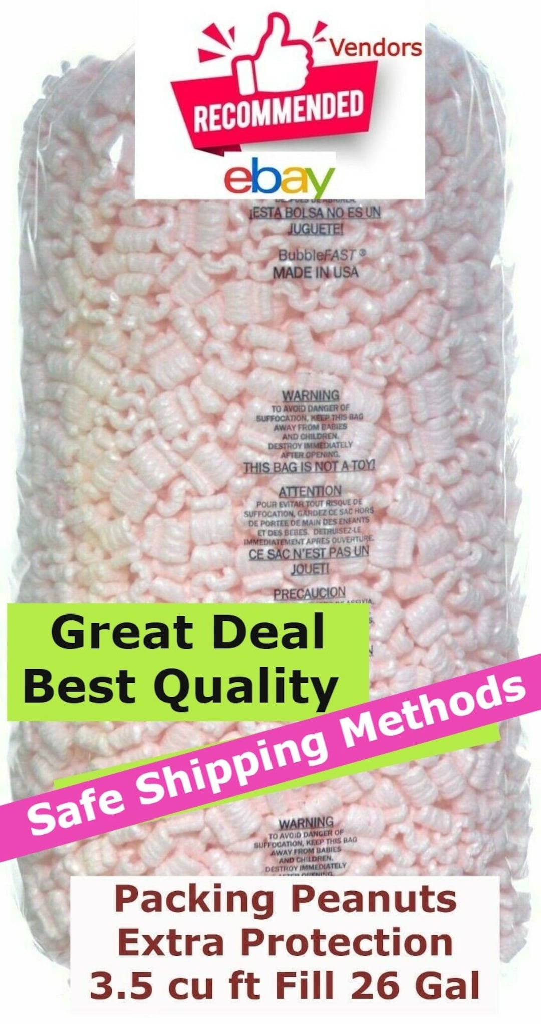 Packing Peanuts Pink Anti Static One Bag 3.5 Cu Ft 100% Recycled ...