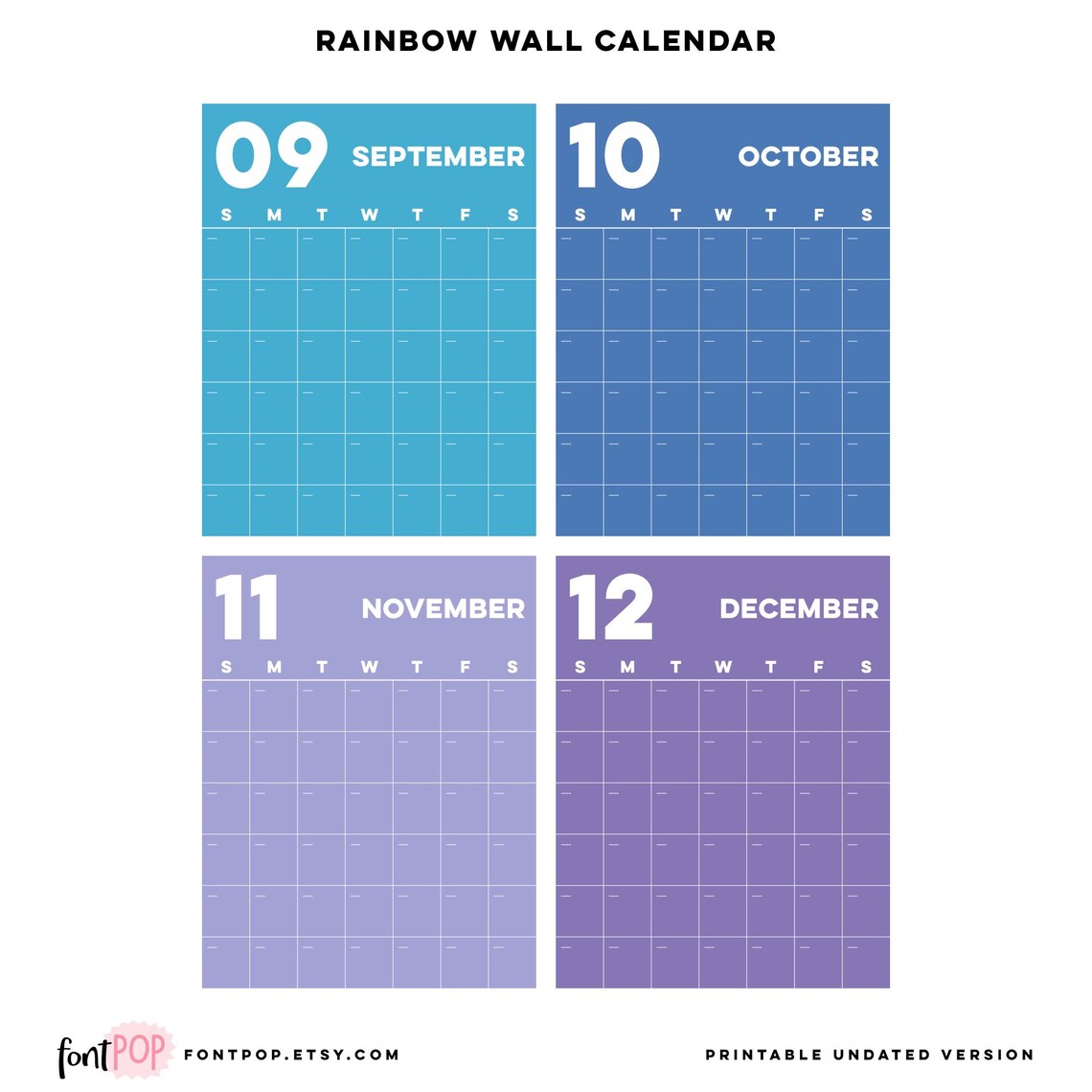 Rainbow Wall Calendar - Undated - Large Printable Wall Planner Posters ...