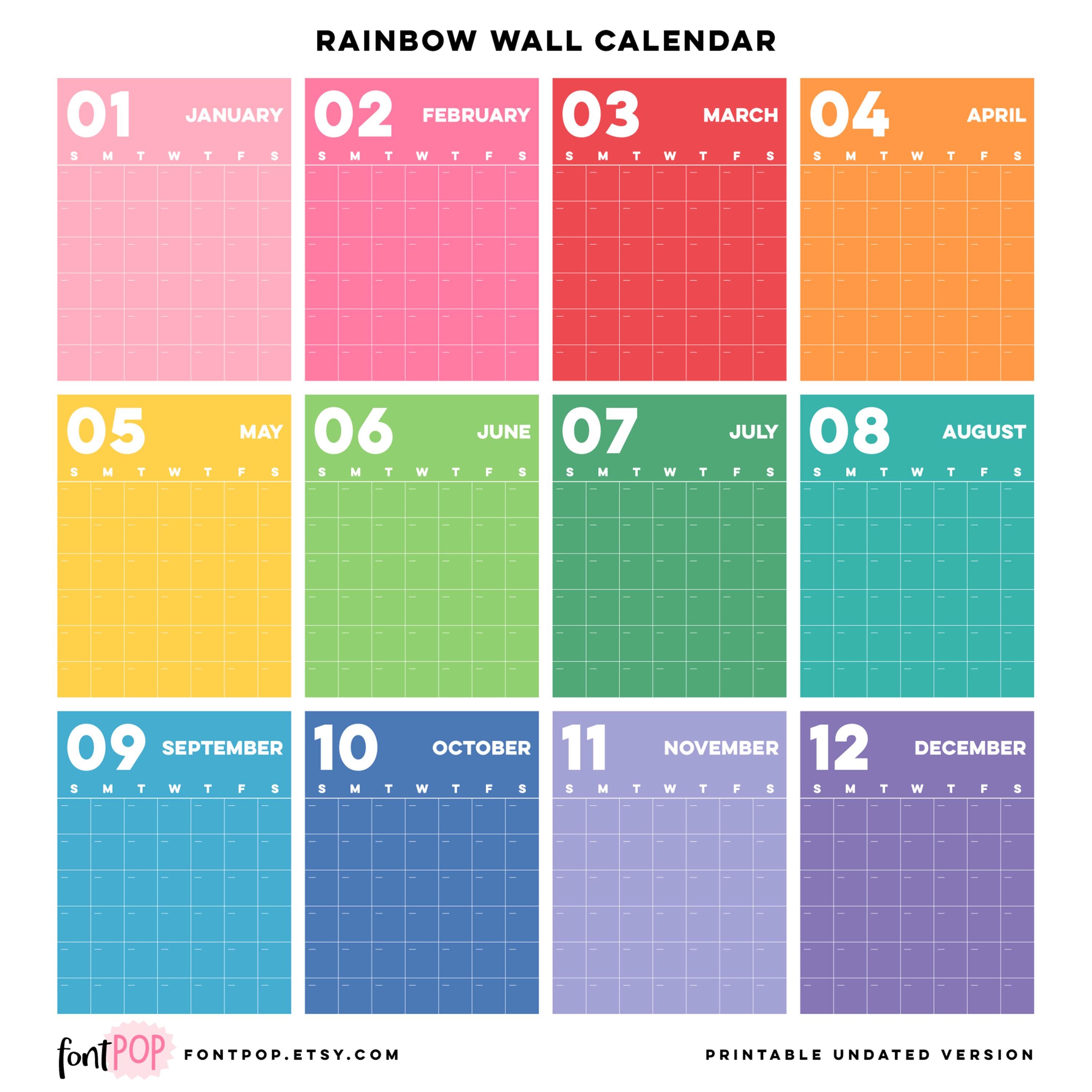 Rainbow Wall Calendar - Undated - Large Printable Wall Planner Posters ...