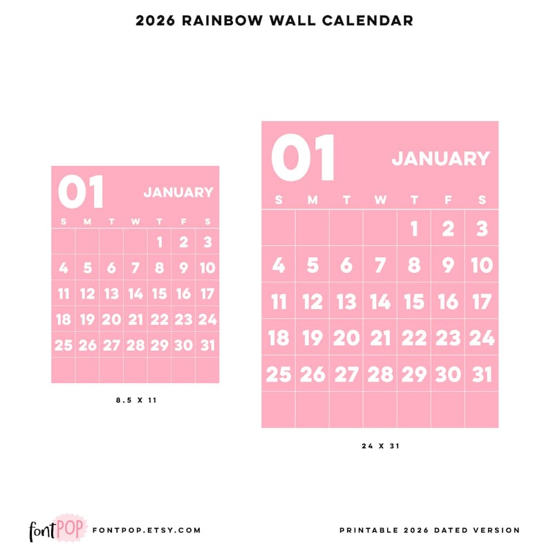 Rainbow Wall Calendar 2026 - Large Printable Wall Planner Posters - Etsy