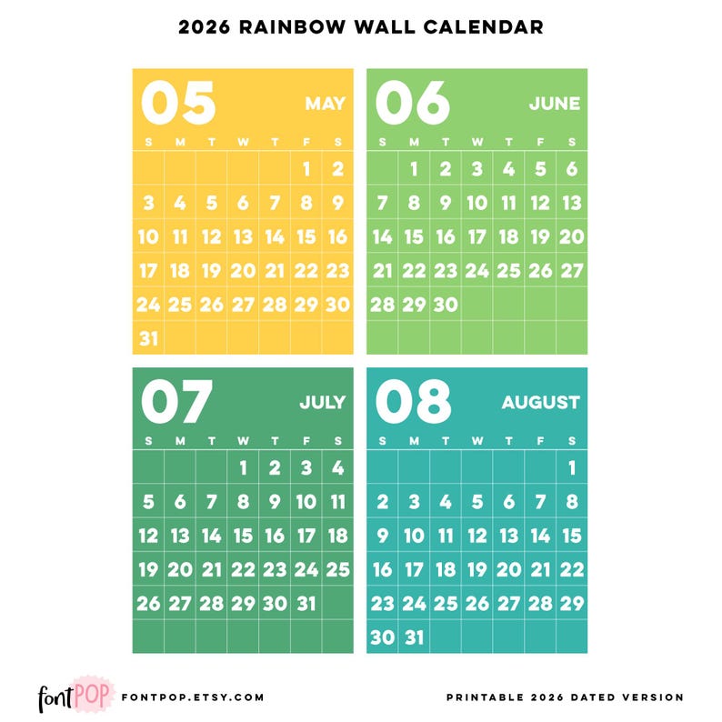 Rainbow Wall Calendar 2026 - Large Printable Wall Planner Posters - Etsy