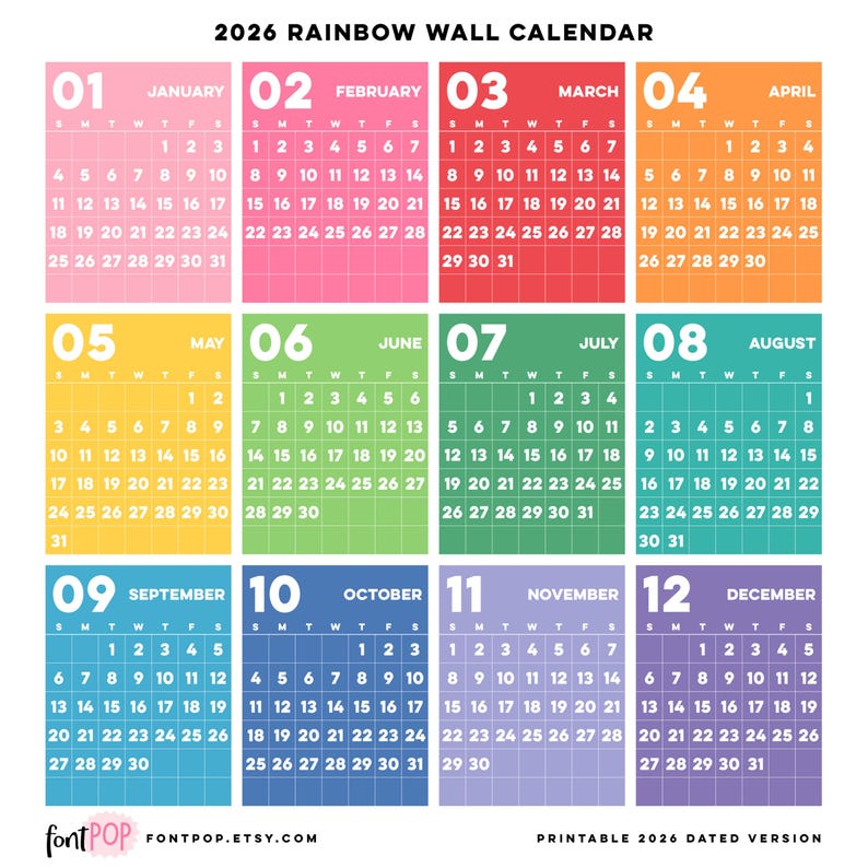 Rainbow Wall Calendar 2026 - Large Printable Wall Planner Posters - Etsy