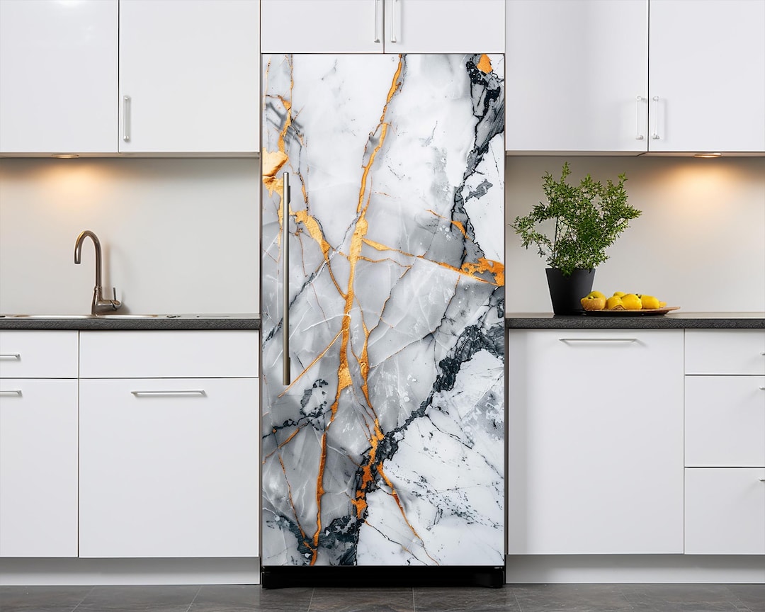 Grey Marble Fridge Wrap, White and Grey Marble Refrigerator Wrap ...