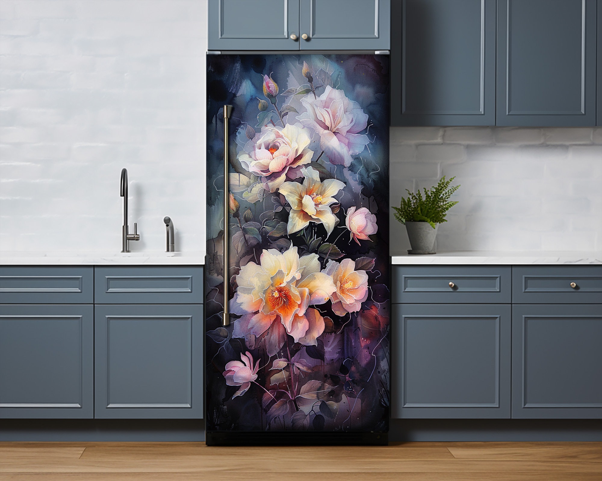 Floral Fridge Vinyl Wrap, Watercolor Vintage Flowers, Refrigerator ...